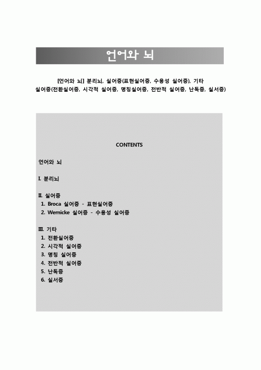 [언어와 뇌] 분리뇌, 실어증(표현실어증, 수용성 실어증), 기타 실어증(전환실어증, 시각적 실어증, 명칭실어증, 전반적 실어증, 난독증, 실서증)