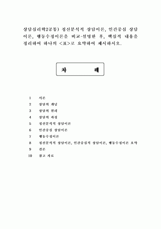 상담심리학2공통) 정신분석적 상담이론, 인간중심 상담이론, 행동수정이론을 비교·설명한 후, 핵심적 내용을 정리하여 하나의 <표>로 요약하여 제시.