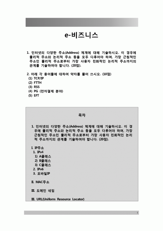 인터넷의 다양한 주소(Address) 체계에 대해 기술. 이 경우에 물리적 주소와 논리적 주소 등을 모두 다루어야 하며, 가장 근원적인 주소인 물리적 주소로부터 가장 사용자 친화적인 논리적 주소까지의 관계를