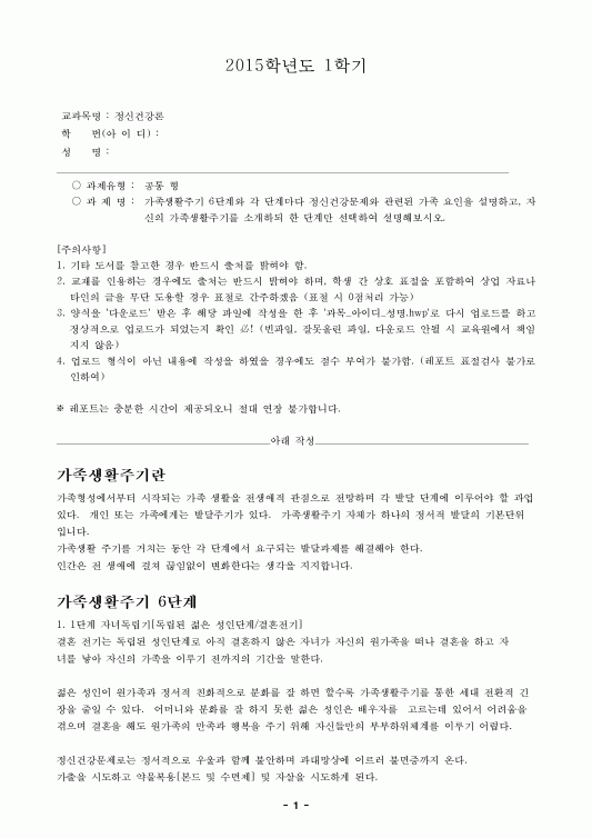 가족생활주기 6단계와 각 단계마다 정신건강문제와 관련된 가족 요인을 설명