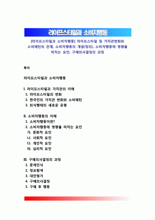 [라이프스타일과 소비자행동] 라이프스타일 및 가치관변화와 소비패턴의 관계, 소비자행동의 개념(정의), 소비자행동에 영향을 미치는 요인, 구매의사결정의 과정