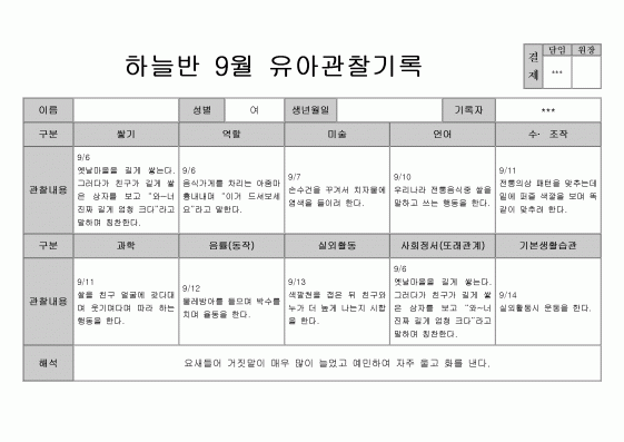 만5세 9월 관찰일지