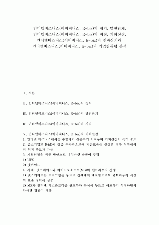 인터넷비즈니스(이비지니스, E-biz)의 정의, 발전단계, 인터넷비즈니스(이비지니스, E-biz)의 지침, 기회선점, 인터넷비즈니스(이비지니스, E-biz)의 전자상거래, 인터넷비