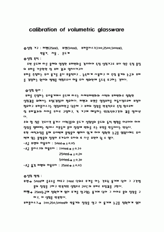 [자연과학] 부피측정용 유리기구의 검정