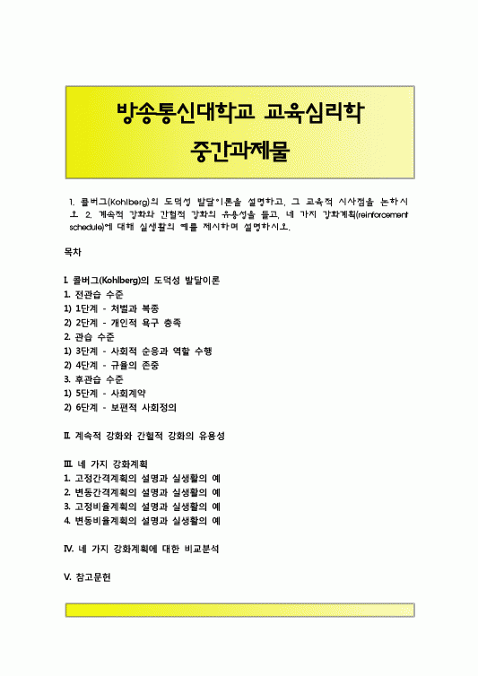 1. 콜버그(Kohlberg)의 도덕성 발달이론을 설명하고, 그 교육적 시사점을 논하시오 2. 계속적 강화와 간헐적 강화의 유용성을 들고, 네 가지 강화계획(reinforcement schedule)에 대해 실생활의 예를 제시하며 설명