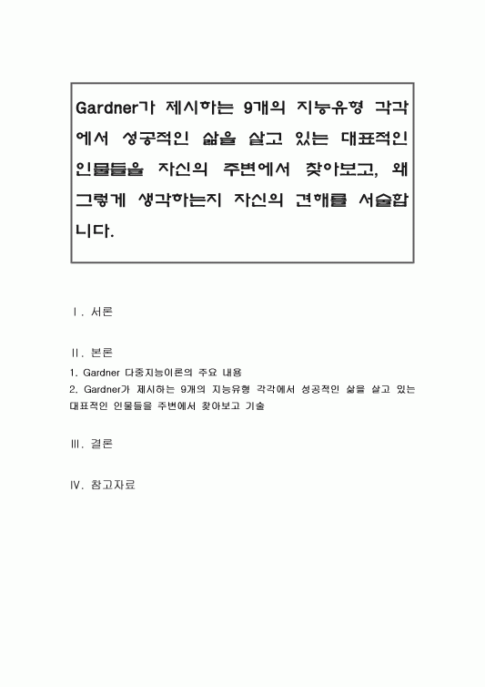 Gardner가 제시하는 9개의 지능유형 각각에서 성공적인 삶을 살고 있는 대표적인 인물들을 자신의 주변에서 찾아보고, 왜 그렇게 생각하는지 자신의 견해를 서술합니다