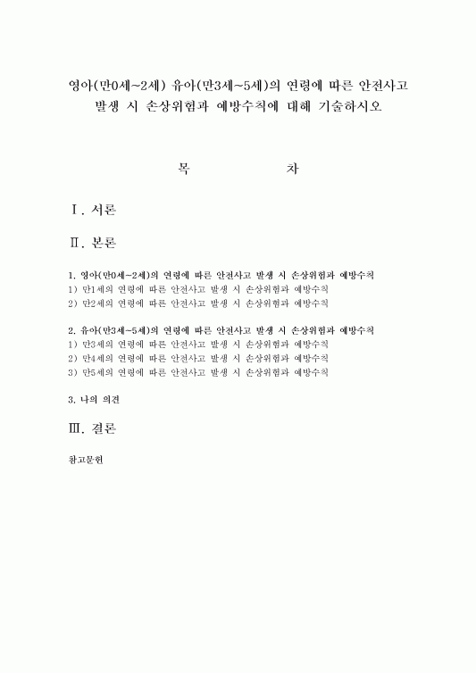 영아(만0세~2세) 유아(만3세~5세)의 연령에 따른 안전사고 발생 시 손상위험과 예방수칙에 대해 기술 : 안전사고