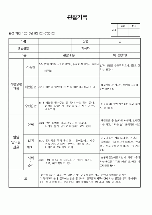 (만2세 관찰일지)만2세 8월 관찰일지 14명 분량입니다.