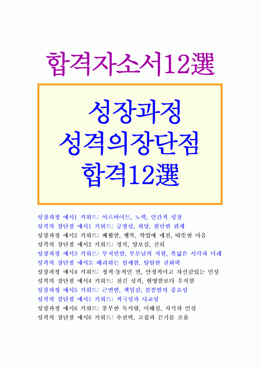 (자기소개서, 자소서) 자기소개서합격12종선별!![자기소개서성장배경＋자기소개서성격의장단점] 자기소개서샘플모음,  자기소개서 성장과정/자소서 성격의장점·단점,가족사항/생활신조/가치관