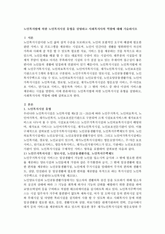 노인복지법에 의한 노인복지시설 유형을 설명하고 사회복지사의 역할에 대해 기술하시오