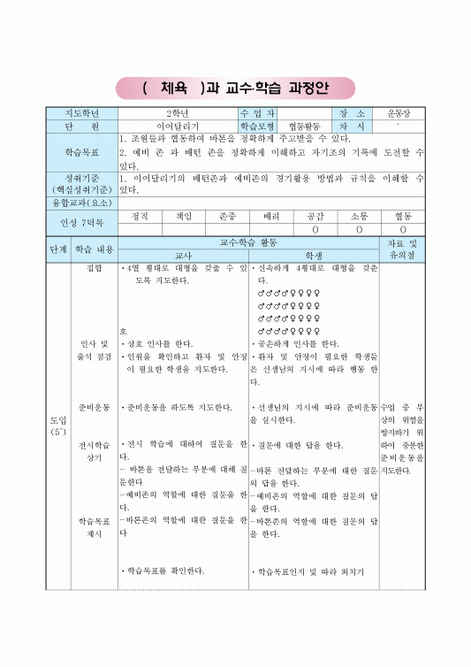 수업지도안 육상 이어달리기 약안 완벽함