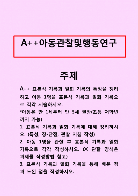 표본식 기록과 일화 기록의 특징을 정리하고 아동 1명을 표본식 기록과 일화 기록으로 각각 서술하시오.