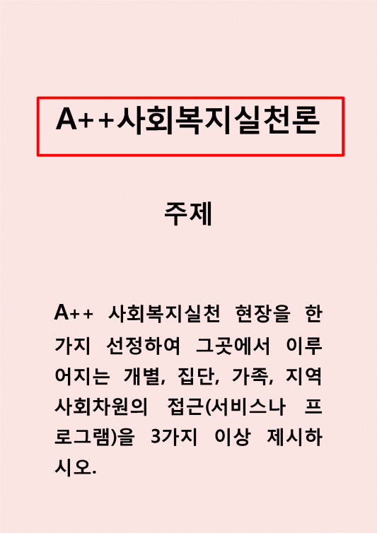 사회복지실천론-사회복지실천 현장을 한 가지 선정하여 그곳에서 이루어지는 개별, 집단, 가족, 지역사회차원의 접근(서비스나 프로그램)을 3가지 이상 제시하시오.