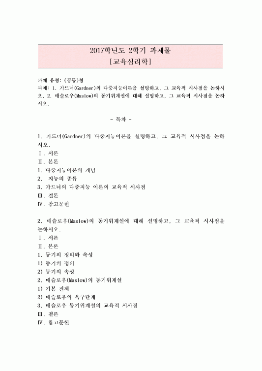 교육심리학 공통) 1. 가드너(Gardner)의 다중지능이론을 설명하고, 그 교육적 시사점을 논하시오. 2. 매슬로우(Maslow)의 동기위계설에 대해 설명하고, 그 교육적 시사점