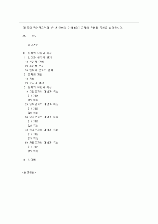 [방통대 국어국문학과 1학년 언어의 이해 E형] 문자의 유형과 특성을 설명.