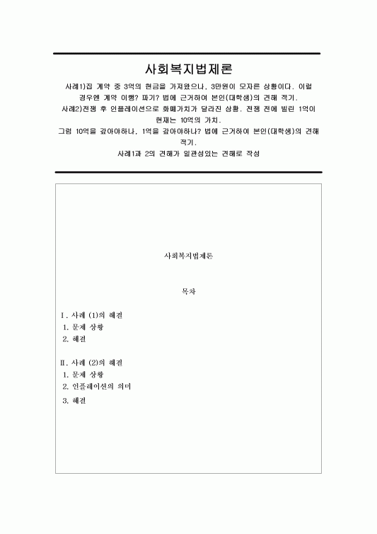 사회복지법제론)집 계약 중 3억의 현금을 가져왔으나, 3만원이 모자른 상황이다.이럴 경우엔 계약 이행 파기 ,전쟁 후 인플레이션으로 화폐가치가 달라진 상황.전쟁 전에 빌린 1억이 현재는 10억의 가치.견해가 일관