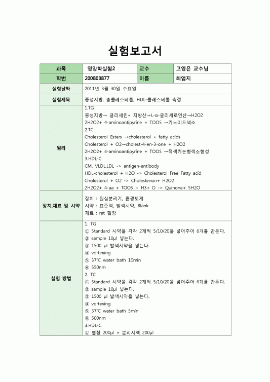 비만 RAT을 이용한 TG & TC & HDL-C 실험