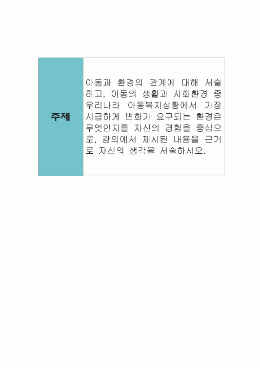 아동과 환경의 관계에 대해 서술하고, 아동의 생활과 사회환경 중 우리나라 아동복지상황에서 가장 시급하게 변화가 요구되는 환경은 무엇인지를 자신의 경험을 중심으로, 강의에서 제시된 내용을 근거로 자신의 생