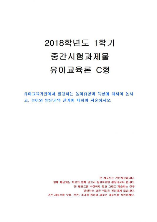 2018년 1학기 유아교육론 중간시험과제물 C형(유아교육기관에서 활용하는 놀이유형과 특성)