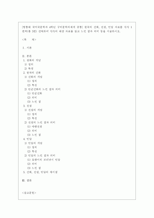 [구비문학의세계 공통] 한국의 신화 전설 민담 자료를 각각 1편씩(총 3편) 선택하여 각각의 대상 자료를 읽고 느낀 점과 의미 등을 서술하시오