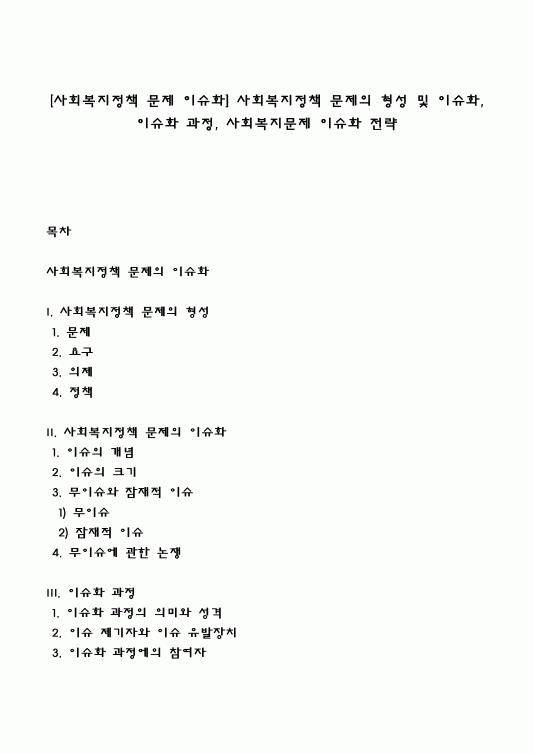 [사회복지정책 문제 이슈화] 사회복지정책 문제의 형성 및 이슈화 이슈화 과정 사회복지문제 이슈화 전략