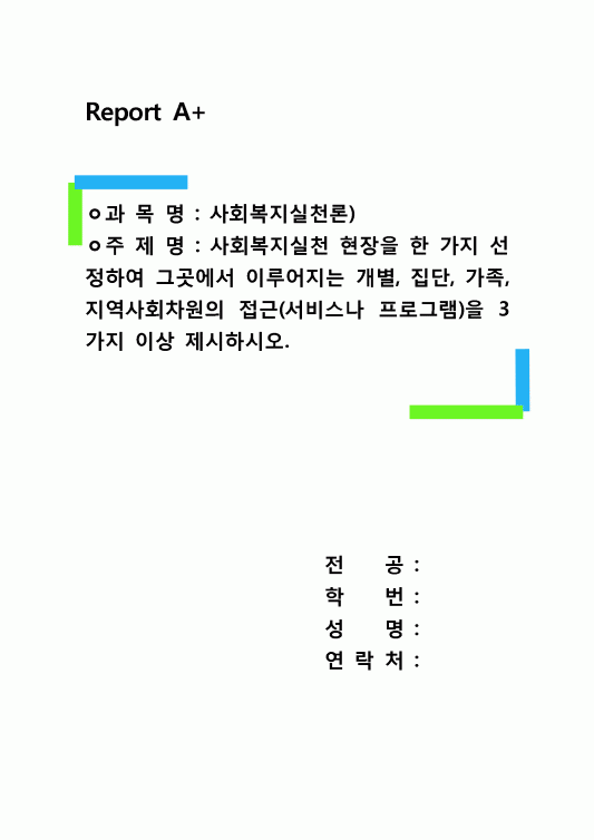 사회복지실천론)사회복지실천 현장을 한 가지 선정하여 그곳에서 이루어지는 개별 집단 가족 지역사회차원의 접근(서비스나 프로그램)을 3가지 이상 제시하시오