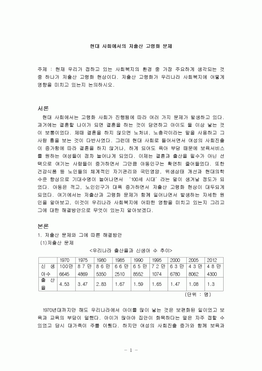 [전학과] 현대 사회에서 저출산 고령화 문제