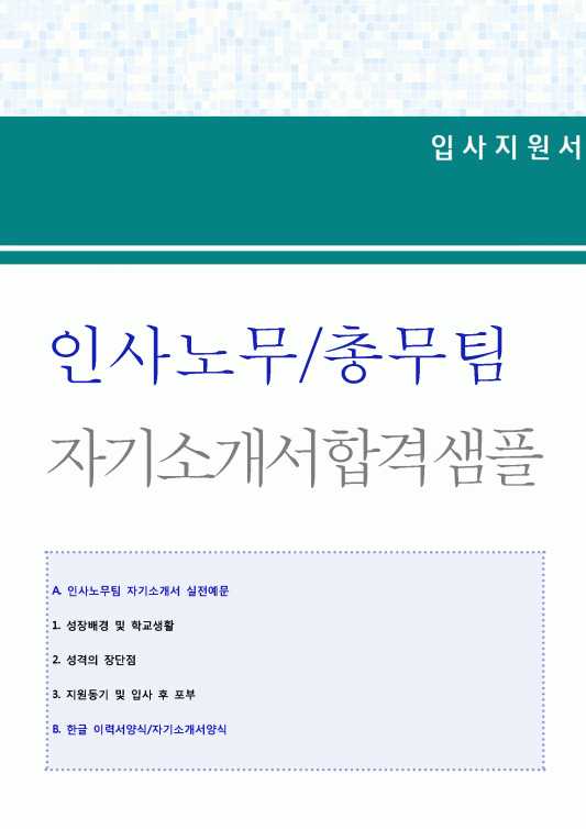 [이력서전문가 첨삭] 2020년 대기업 인사노무직/인사팀/총무관리직 자기소개서 합격샘플 + 이력서양식 (인사관리직 인사팀 인사노무직 자소서 자기소개서 예문)