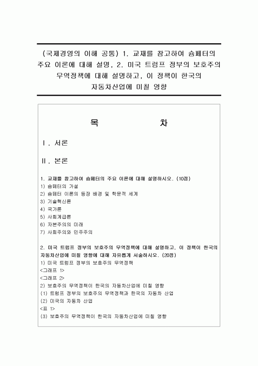 (국제경영의 이해 공통) 1 교재를 참고하여 슘페터의 주요 이론에 대해 설명 2 미국 트럼프 정부의 보호주의 무역정책에 대해 설명하고 이 정책이 한국의 자동차산업에 미칠 영