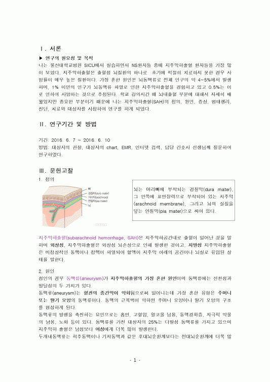 <중환자실> 지주막하출혈(subarachnoid hemorrhage SAH) 케이스 스터디 ( 간호과정 4개포함)