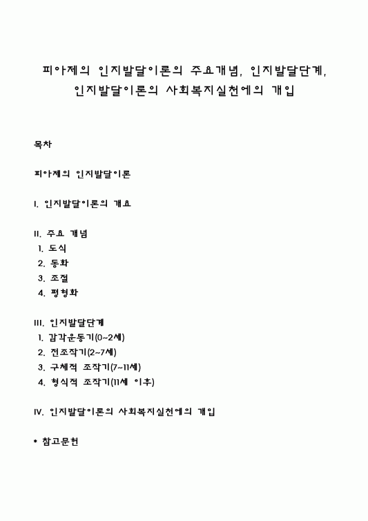 피아제의 인지발달이론의 주요개념 인지발달단계 인지발달이론의 사회복지실천에의 개입