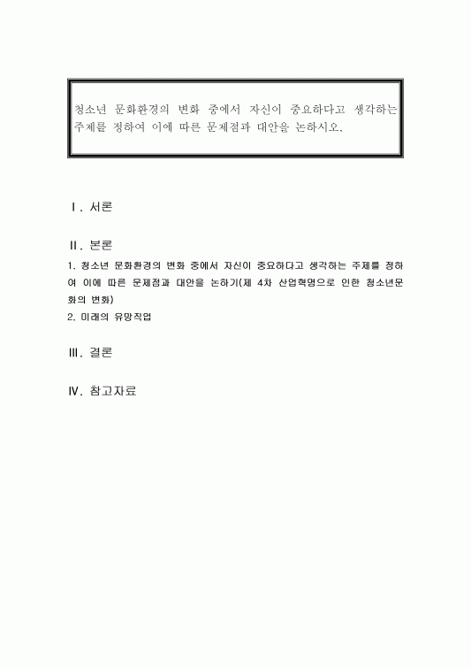 [사회과학] 청소년 문화환경의 변화 중에서 자신이 중요하다고 생각하는 주제를 정하여 이에 따른 문제점과 대안을 논하시오