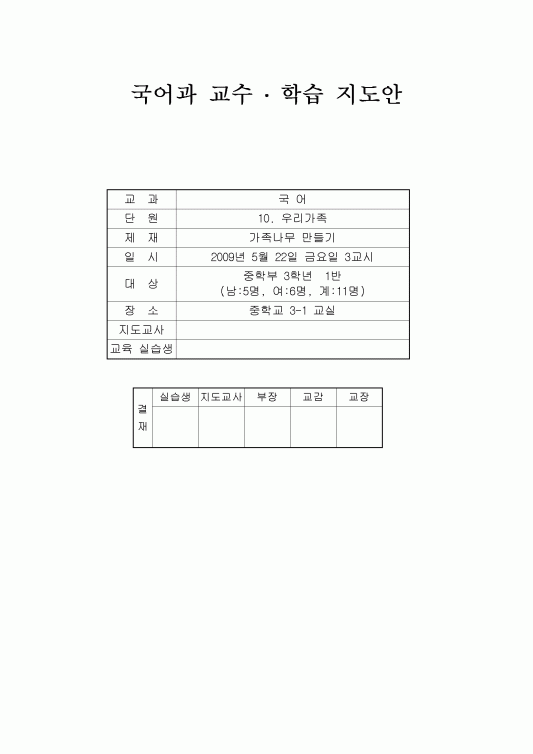 국어과 교수 학습 지도안-우리가족 가족나무 만들기