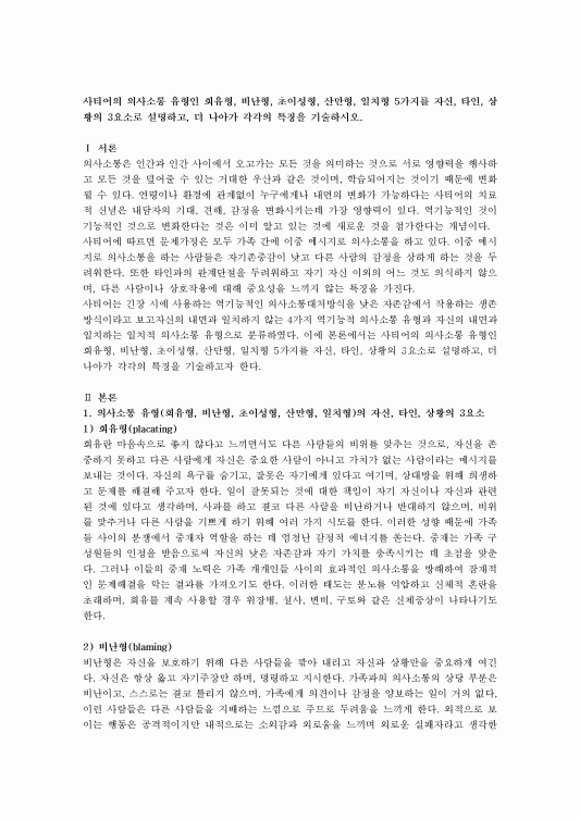 사티어의 의사소통 유형인 회유형 비난형 초이성형 산만형 일치형 5가지를 자신 타인 상황의 3요소로 설명하고 더 나아가 각각의 특징을 기술하시오