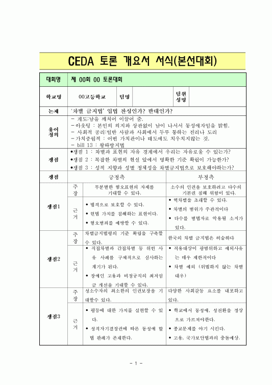 차별금지법 고교 CEDA토론대회