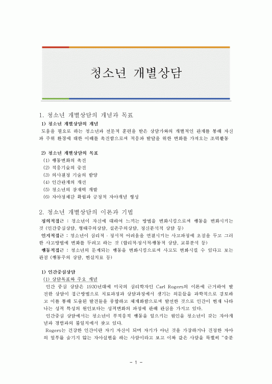 청소년 개별 및 집단상담 (청소년 개별상담의 개념과 목표 청소년 개별상담의 이론과 기법 청소년 개별상담의 개입과정과 전략 집단상담의 이론과 기법 집단상담의 기본 개념 집단 역동의 이해 집단상담의 과정 청소