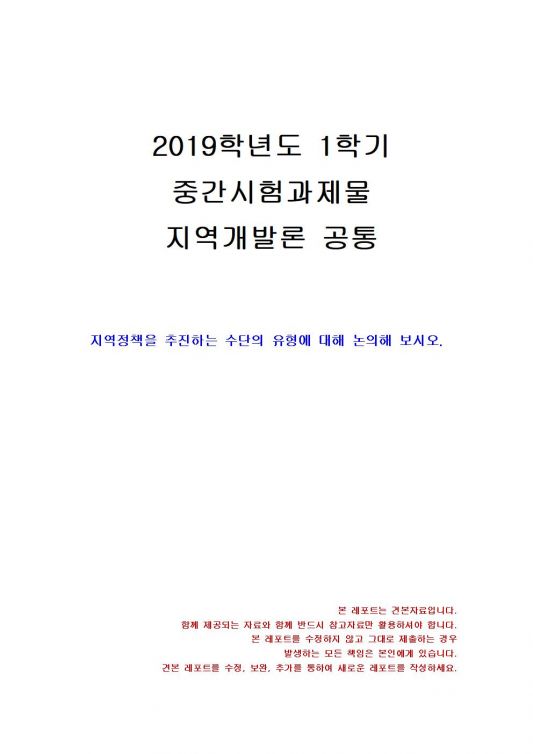 2019년 1학기 지역개발론 중간시험과제물 C형(지역정책을 추진하는 수단의 유형)