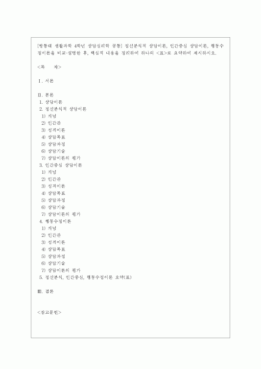 [상담심리학 공통] 정신분석적 상담이론 인간중심 상담이론 행동수정이론을 비교·설명한 후 핵심적 내용을 정리하여 하나의 표로 요약하여 제시하시오