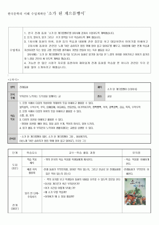 국어과 교수학습 지도안  한국문학의 이해 수업계획안 - 소가 된 게으름뱅이