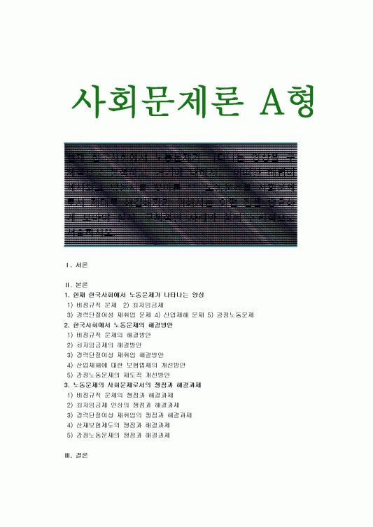 [사회문제론 A형] 현재 한국사회에서 노동문제가 나타나는 양상을 분석하고 이에 대한 해법을 제시한 후 노동문제를 사회문제로서의 해결방안