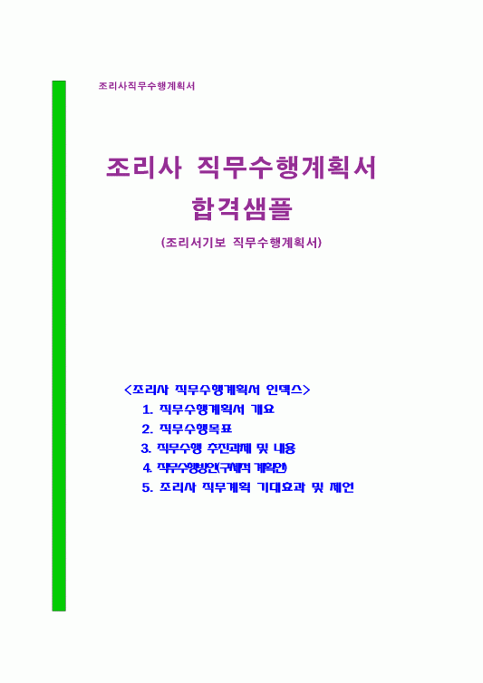 조리사직무수행계획서(9급 조리직 공무원 직무수행계획서합격샘플)