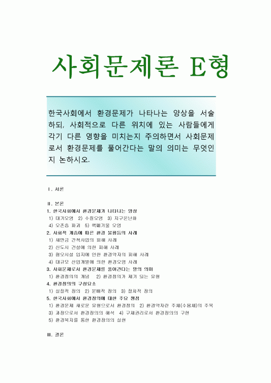 [사회문제론E형] 한국사회에서 환경문제의 양상 사회적으로 다른 위치에 있는 사람들에게 각기 다른 영향을 미치는 사회문제로서의 환경문제를 풀어간다는 말의 의미 - 2019 과제물