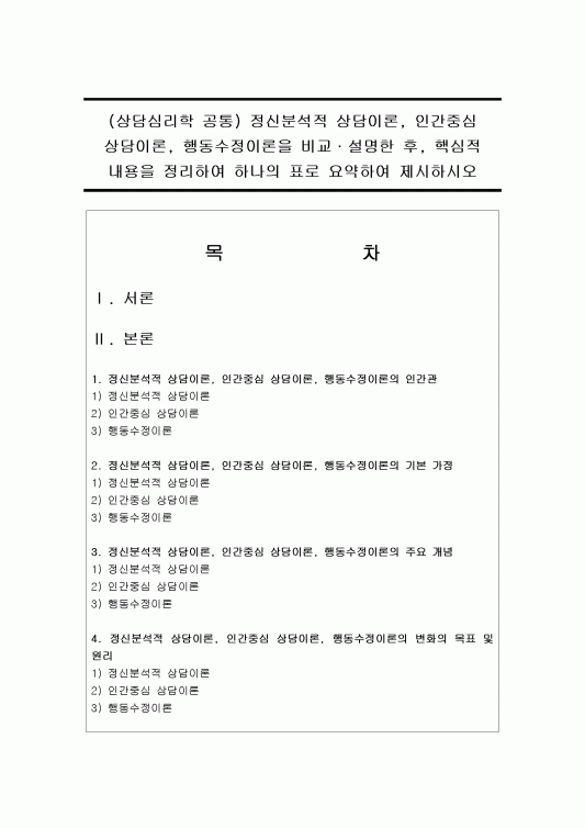 (상담심리학 공통) 정신분석적 상담이론 인간중심 상담이론 행동수정이론을 비교·설명한 후 핵심적 내용을 정리하여 하나의 표로 요약하여 제시하시오