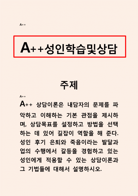 성인학습및상담 ) 상담이론은 내담자의 문제를 파악하고 이해하는 기본 관점을 제시하며 상담목표를 설정하고 방법을 선택하는 데 있어 길잡이 역할을 해 준다