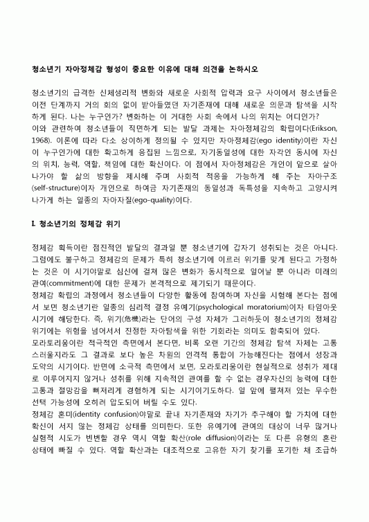 청소년기 자아정체감 형성이 중요한 이유에 대해 의견을 논하시오