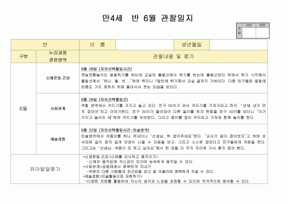 만4세 6월 유아관찰(19명분량 19페이지)