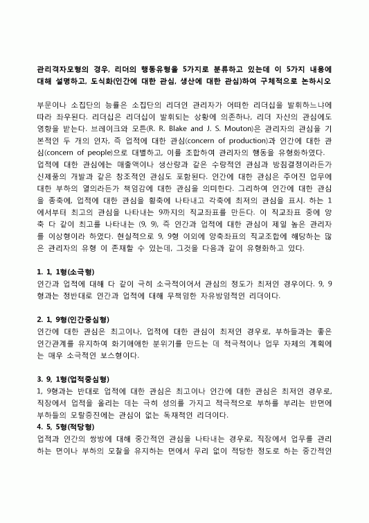 관리격자모형의 경우 리더의 행동유형을 5가지 내용에 대해 설명하고 도식화(인간에 대한 관심 생산에 대한 관심)하여 구체적으로 논하시오