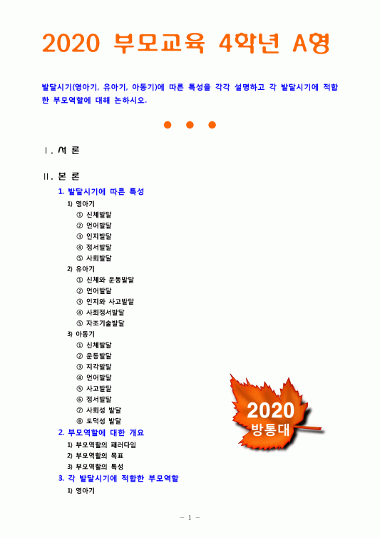 [2020 부모교육4A] 발달시기(영아기, 유아기, 아동기)에 따른 특성을 각각 설명하고 각 발달시기에 적합한 부모역할에 대해 논하시오.