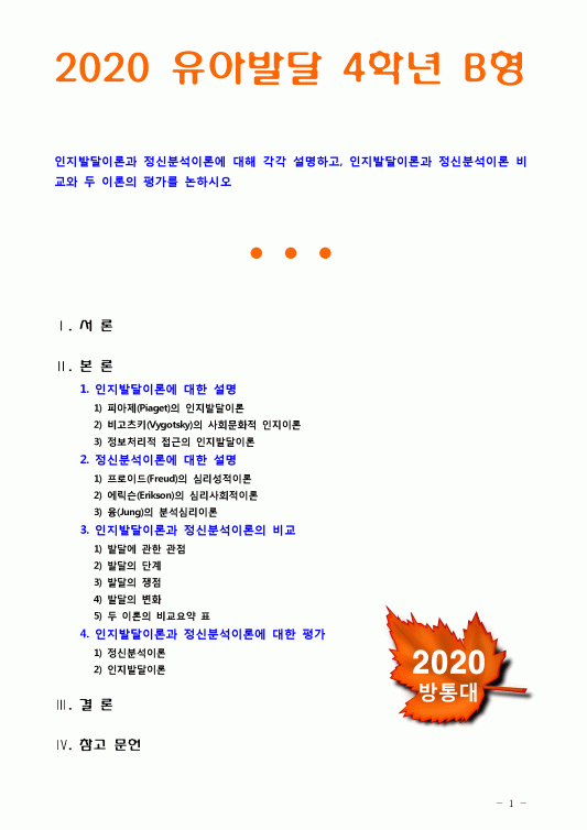 [2020 유아발달4B] 인지발달이론과 정신분석이론에 대해 각각 설명하고, 인지발달이론과 정신분석이론 비교와 두 이론의 평가를 논하시오