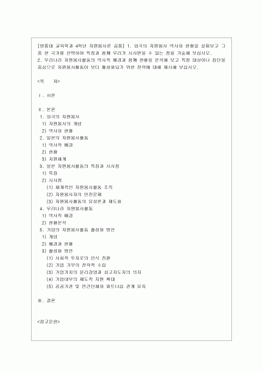 [방통대 교육학과 4학년 자원봉사론 공통] 1. 외국의 자원봉사 역사와 현황을 살펴보고 그중 한 국가를 선택하여 특징과 함께 우리가 시사받을 수 있는 점을 기술해 보십시오.